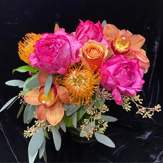 Neon Muse | Luxury Fuchsia Garden Rose & Orange Protea Arrangement ...